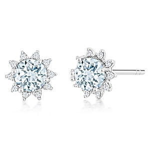 Gem Stone King 18K White Gold Gemstone Birthstone and White Diamond Earrings | Halo Stud Earrings for Women | White Gold Earrings for Women