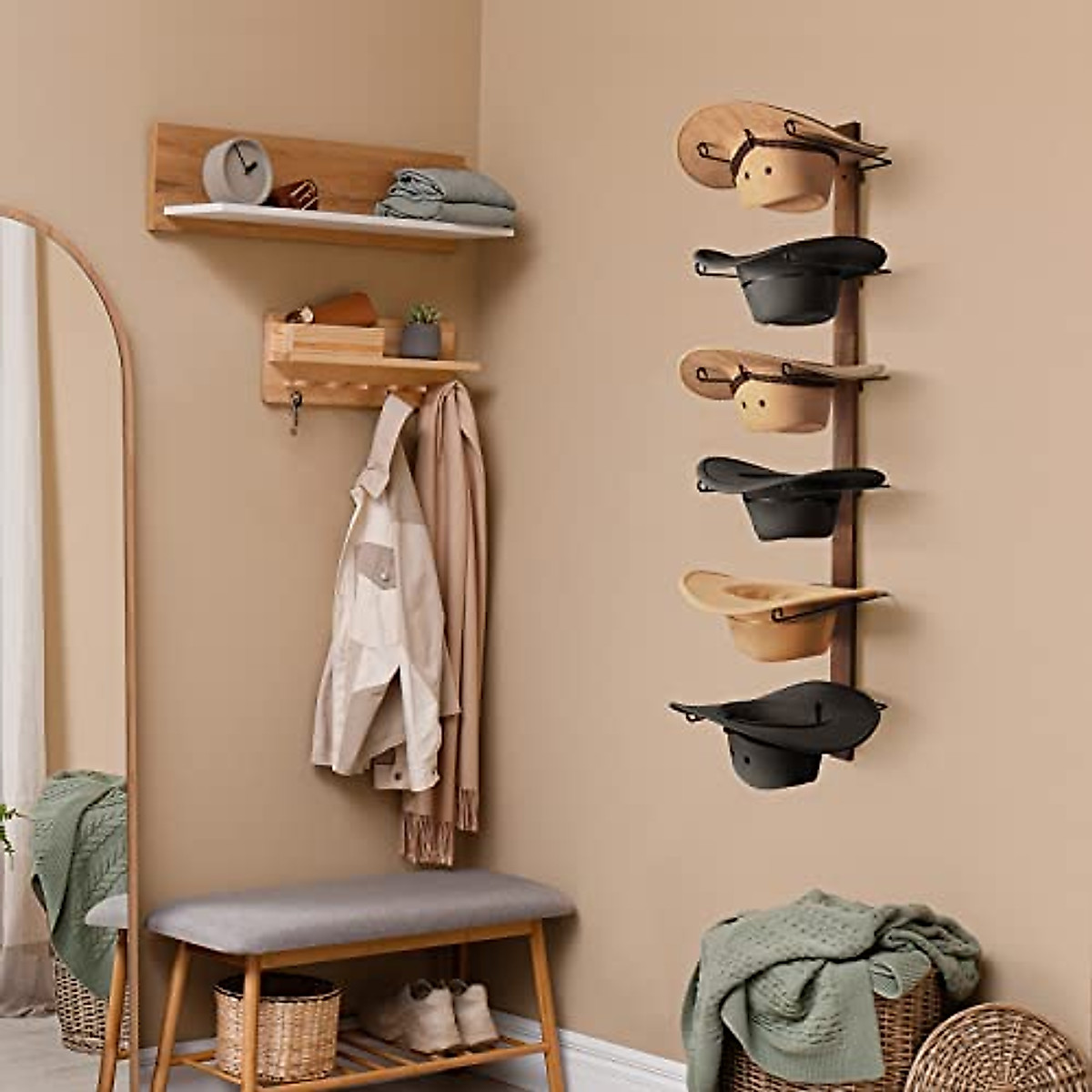 TIPSYTREE Cowboy Hat Rack,6 Pieces with Wooden Board, Metal , Wall Storage Hat Holder Organizer for Hat Collection Room Décor