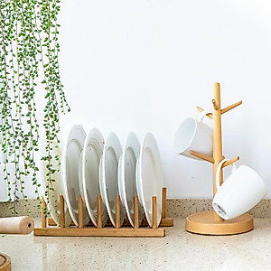 MOAMUN 2 Pack Bamboo Dish Drying Rack Plate Rack Stand Pot Lid Holder Cabinet Dish Organizer Rack Drainer Storage Holder for Dish Bowl, Cup, Cutting Board and More