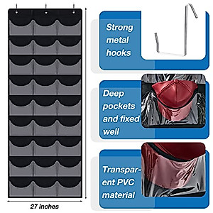 2 Pieces Hat Rack for Baseball Caps 27 Pockets over the Door Hat Organizer Hanging Hat Holder Visible Hat Hanger with Clear Deep Pockets 6 Hooks for Wall Display Collection Door