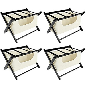 Luggage Rack Pack of 4, with Detachable Laundry Bag, Premium Texture Solid Wood Luggage Rack for Guest Room, Nylon with Foldable Suitcase Rack for Max 200LBS Load, Dirty Clothes Storage, Suitable for Hotel Rooms