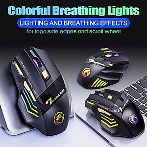 VEGCOO Wireless Gaming Mouse, Rechargeable Silent Wireless Mouse with 4800 DPI Adjustable,Double Click Key, Colorful RGB Lights, Computer Mice with Thumb Rest for PC/Mac Gamer (C26 Black)