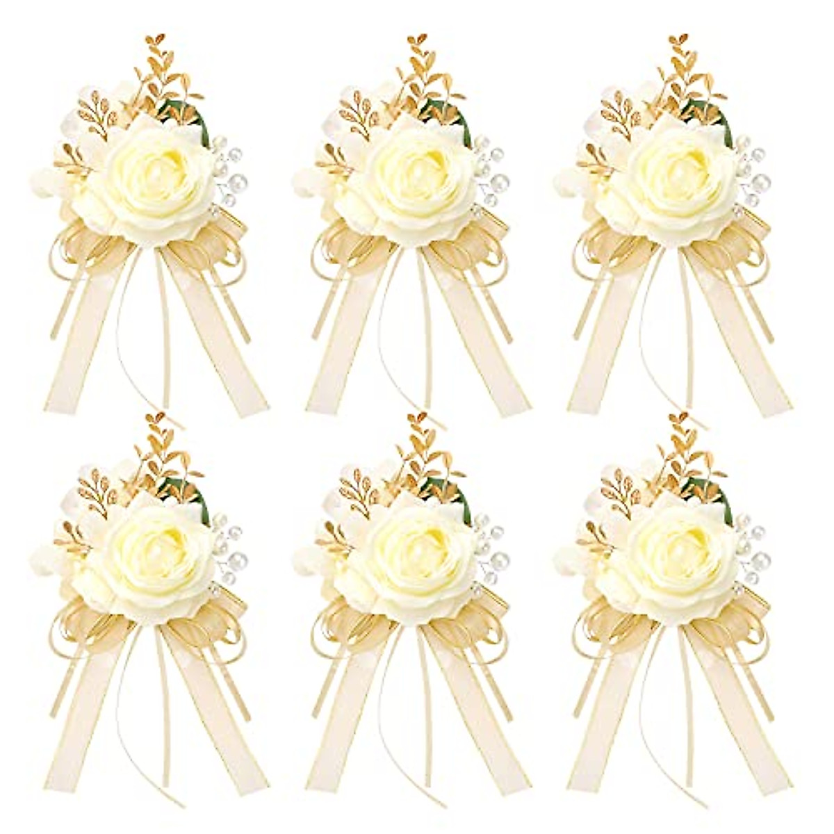 Ndeno Ivory Rose Wrist Corsage and Boutonniere Set Artificial Men Wristlet Band Bracelet for White Wedding Flowers Ceremony Accessories Prom Suit Decorations（6pcs Boutonnieres,Champagne）