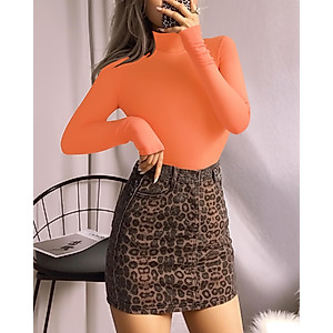 MANGOPOP Women's Mock Turtle Neck Long Sleeve Tops Bodysuit Jumpsuit (Long Sleeve Orange, Medium)