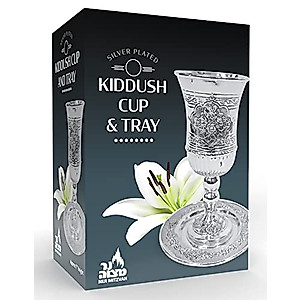 Ner Mitzvah Tall Kiddush Cup and Tray - Premium Quality Silver Plated Goblet With Stem - Shabbat and Havdalah Goblet - Judaica Shabbos and Holiday Gift