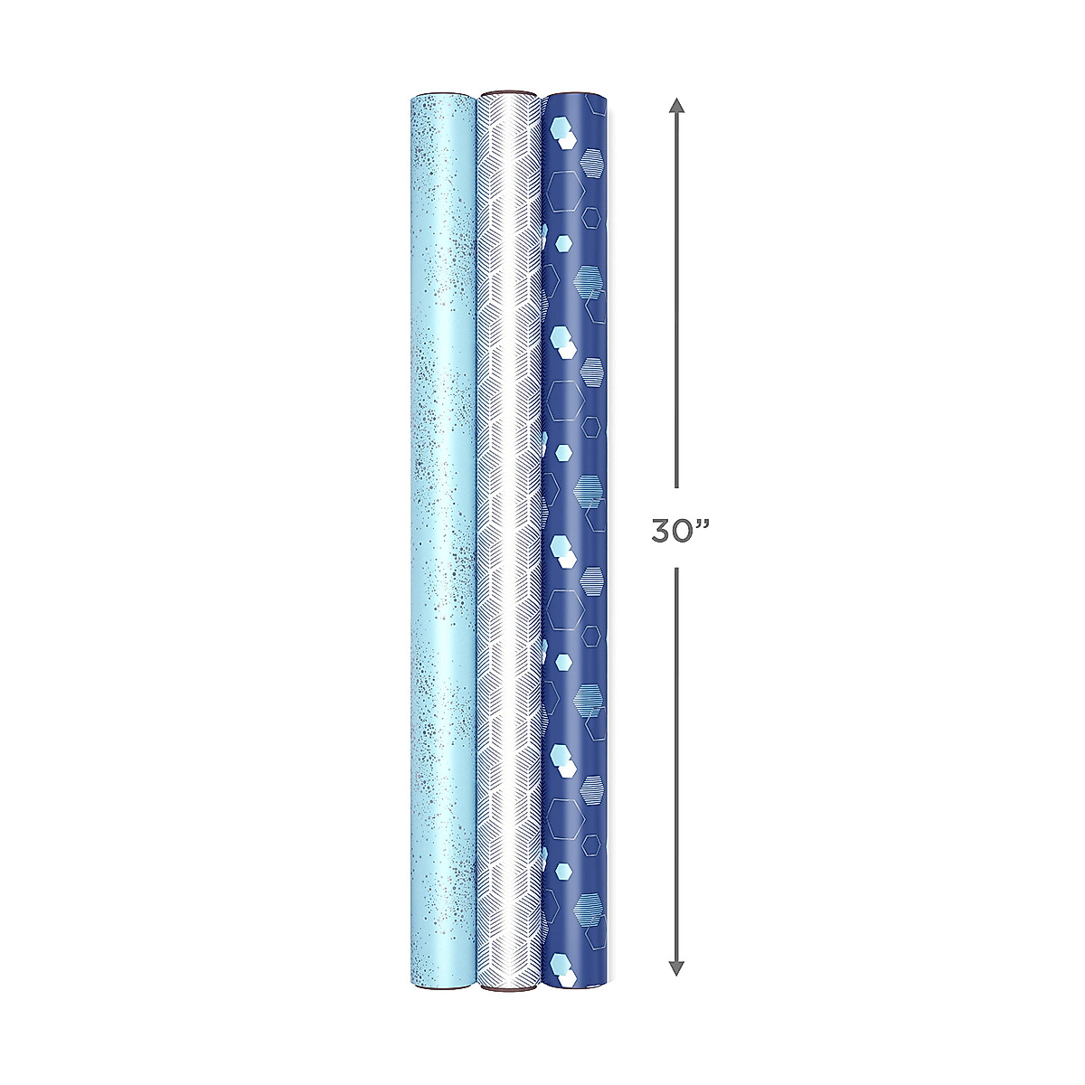 Hallmark Blue and Silver Wrapping Paper Set (3 Rolls: 90 Sq. Ft. Ttl, 10 Bows, Ribbon, Gift Tag Stickers) for Birthdays, Hanukkah, Father's Day, Graduations, Weddings