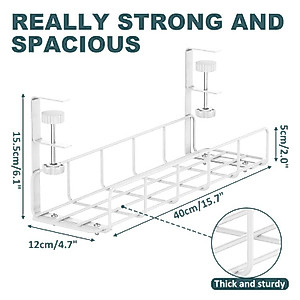 Under Desk Cable Management Tray, 15.7'' White No Drill Steel Desk Cable Organizers, Wire Management Tray Cable Management Rack, Desk Cable Tray with Wire Organizer and Desk Cord Organizer