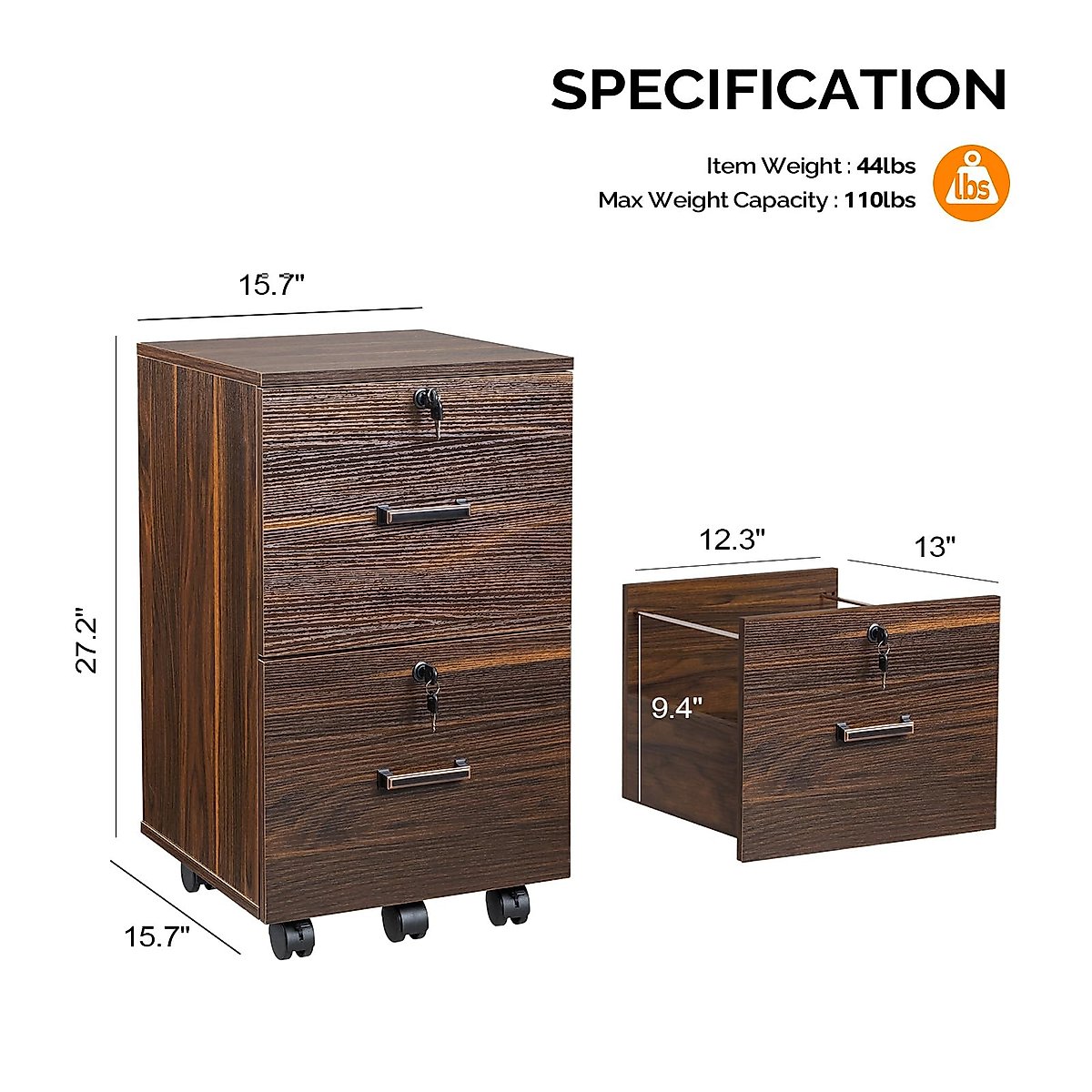 VINGLI 2 Drawer File Cabinet with Lock, Wood Dark Brown File Cabinet for Letter Size File Folders with Tabs, Under Desk Rolling File Cabinets for Home Office, Mobile Filing Cabinet Printer Stand
