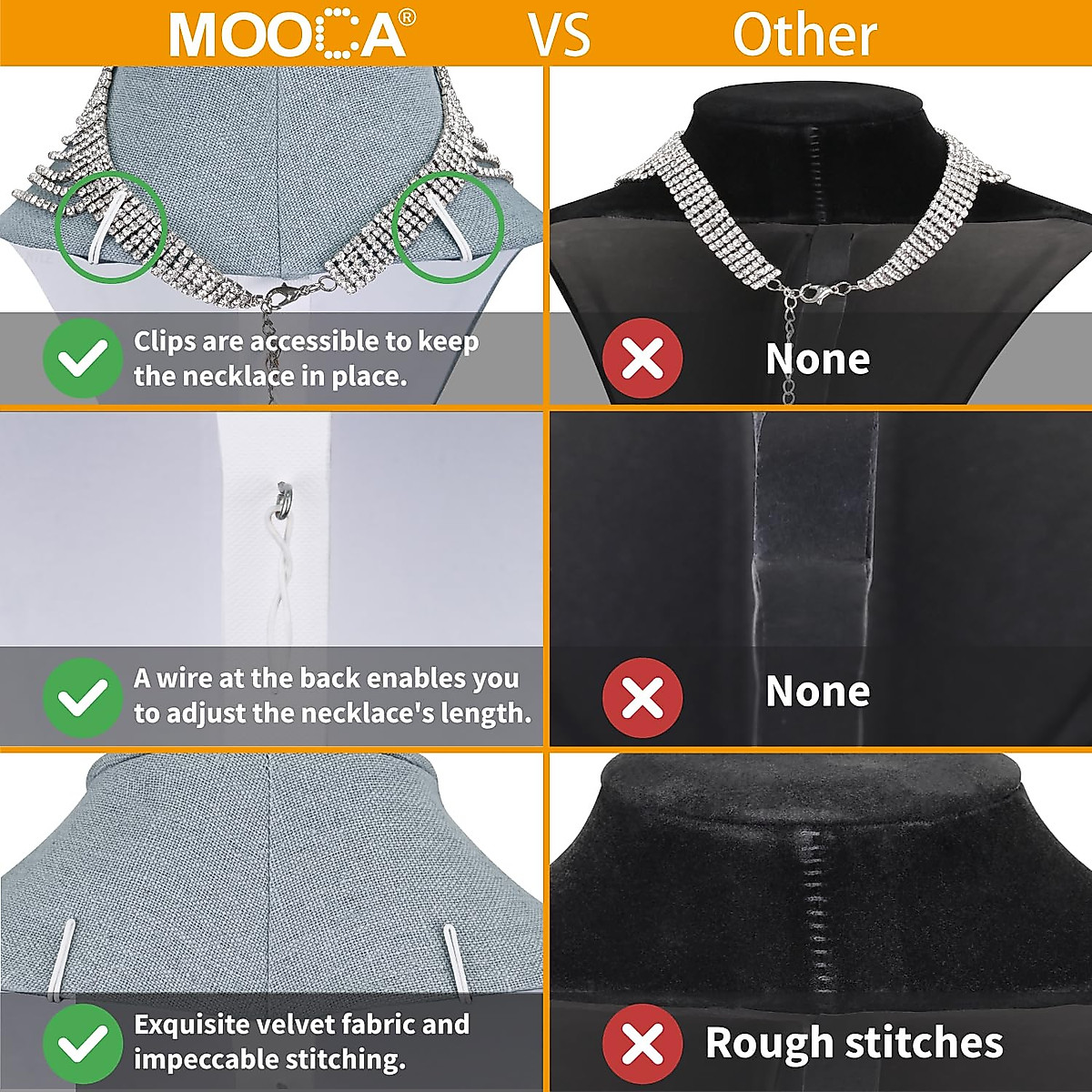 MOOCA 2 Pcs Linen Covered Wood Necklace Display Busts - Elegant Jewelry Chain Mannequins for Necklaces - 6 3/8 W x 4 1/4 D x 10 H in, Dim Grey