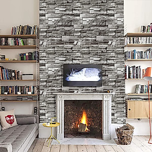 Jeweluck Stone Brick Wallpaper Peel and Stick Wallpaper 17.7inch×118.1inch Faux Stone Self Adhesive Wallpaper Kitchen Backsplash Gray Brick Contact Paper Stone Removable Wall Paper Decor Vinyl