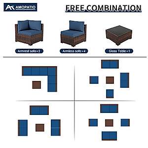 Amopatio Patio Furniture Set 7 Pieces Patio Conversation Set Outdoor Sectional Wicker Rattan Sofa with All-Weather Cover, Patio Furniture with Pillows Fits Porch Garden Backyard Balcony (Navy)