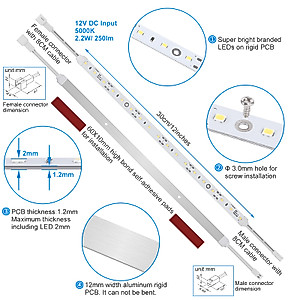 Under Cabinet LED Lighting Kit for Kitchen Cabinets Counter Shelf Bookcase Closet. 6 PCS 12 Inches LED Light Strip with Adapter Switch Dimmer Extension Cable. Plug in. Dimmable. Daylight White 5000K.