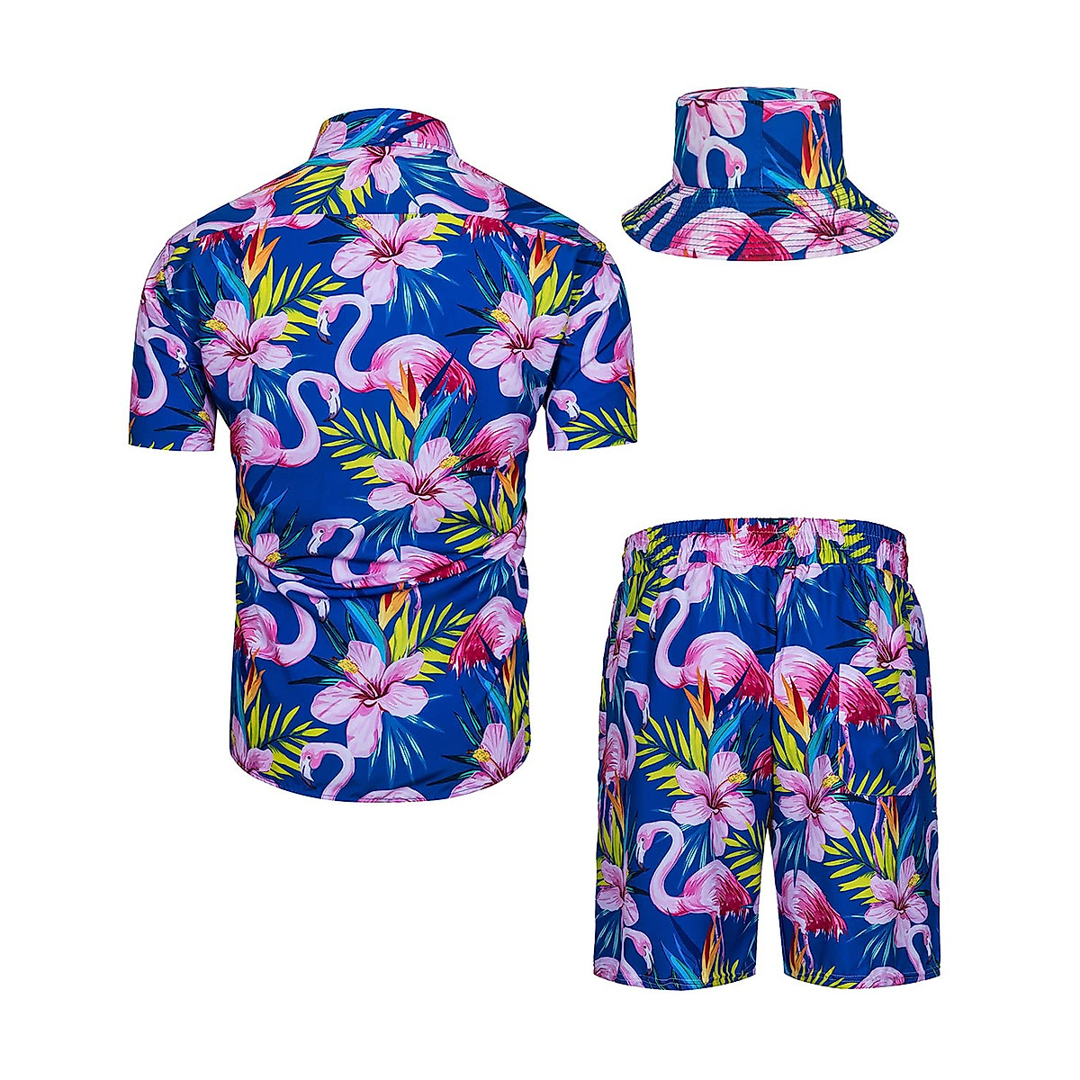 TUNEVUSE Mens Hawaiian Shirts and Shorts Set 2 Pieces Beach Outfits Flamingo Print Summer Tropical Suit with Bucket Hats Blue XX-Large