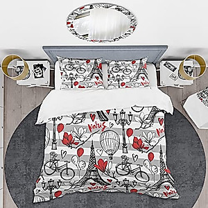 DESIGN ART Designart 'Paris Eiffel Red Hearts II' Mid-Century Duvet Cover Set Twin Cover + 1 sham (Comforter not Included) 2 Piece
