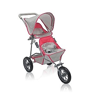 KOOKAMUNGA KIDS Baby Doll Stroller Deluxe Double | Foldable Twin Jog Pram | Retractable Canopy | Premium Pink & Gray Fabric | Soft Grip Handle | Storage Basket Underneath