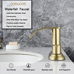 4 inch Centerset Bathroom Faucets Brushed Gold, Stainless Steel Gold Sink Faucet Bathroom with cUPC Supply Lines, Jodulos 2 Handle Waterfall Bathroom Sink Faucet with Pop Up Drain Stopper JU-DE-201-BG
