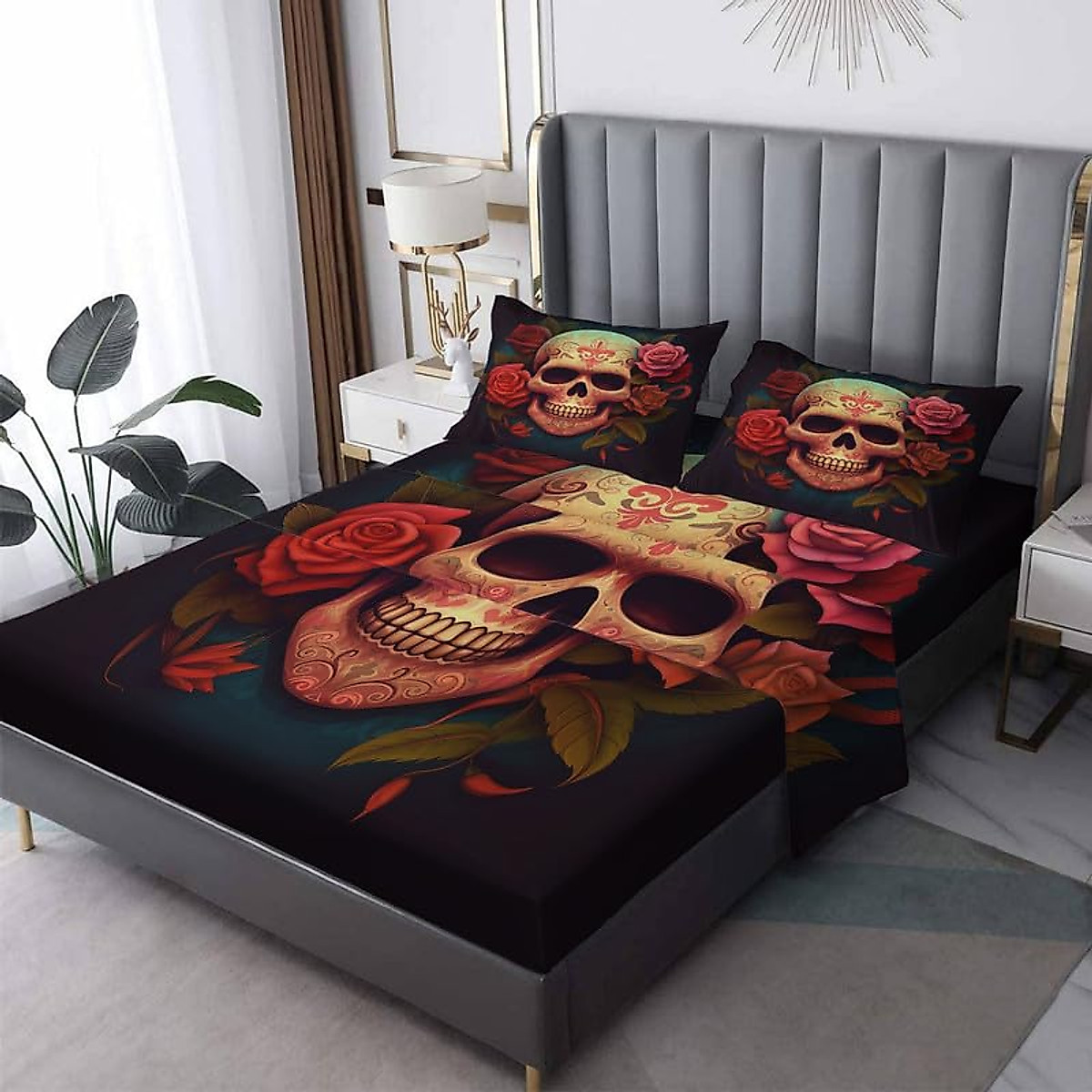 Sugar Skull Sheets Twin Size - Mexican Day of the Dead Bed Sheets, Soft Microfiber & Deep Pocket & Wrinkle Free Patterned Bedding Sheets & Pillowcases, 1 Fitted Sheet, 1 Flat Sheet, 1 Pillow Case
