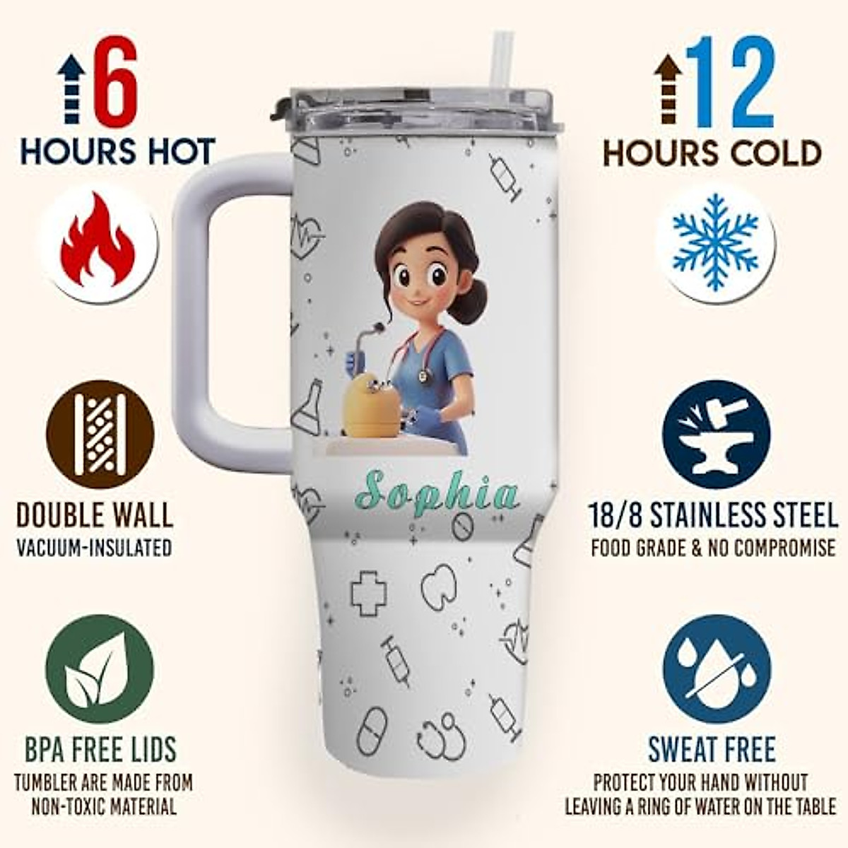Personalized Nurse Tumbler 40oz -nurse medical instrument designer-Custom Name Insulated Travel Mug with Handle & Straw, Gift for Nurses, Medical Workers, Appreciation, Mother's Day f7UH2P