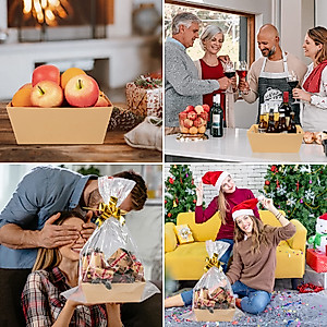 6 Pack Baskets for Gifts Empty- Large Sturdy Kraft Gift Basket Kit with Pull Bows and Clear Gift Bags for Christmas Wedding Birthday Party Gift Wrapping