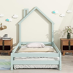 SIYSNKSI Twin Size Platform Bed, Wooden Platform Bed Frame with House-Shaped Headboard, Floor Bed with Fences for Kids Boys Girls Bedroom, Easy Assembly (Light Green + Pine 04)