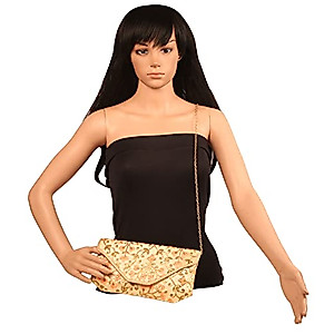 Indtresor beaded handcrafted embroidered evening purse handbag vintage party wedding gift for women. Peach Gold