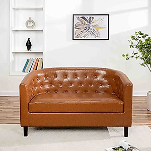 Emma Love Seat, Button Tufted Faux Leather Barrel Loveseat, Midcentury Modern 2 Seater Sofa Couch, Small Loveseat for Small Spaces, Bedrooms, Couches for Living Room, Easy Tool-Free Assembly - Caramel