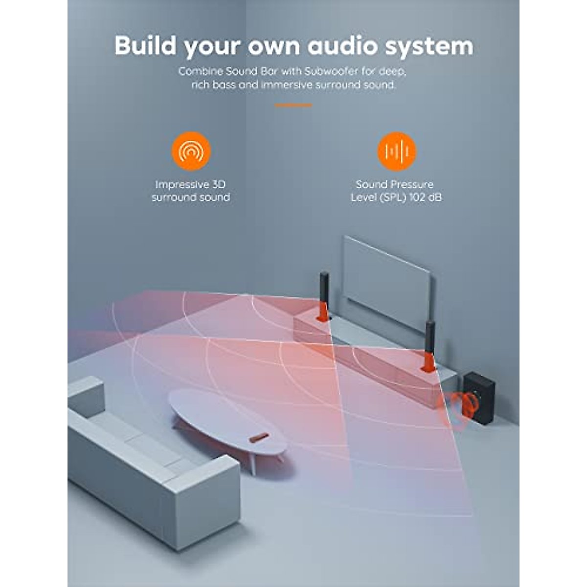 GEOYEAO Sound Bars for TV with Subwoofer, 2.1ch Home Audio Soundbar & 3D & Deep Bass Subwoofer | Bluetooth & Multi-Connection | 2-in-1 Detachable Design | TV Surround Sound Speaker System