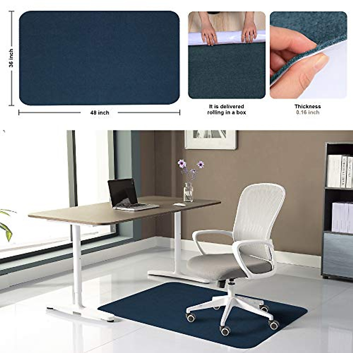 DRPORONYN Office Hard Floor Chair Mats, Hardwood Tile Floor Carpet Desk Protector Mat Without Curling,Scratch for Rolling Chair Computer Desks (Dark Blue, 48" x 36")