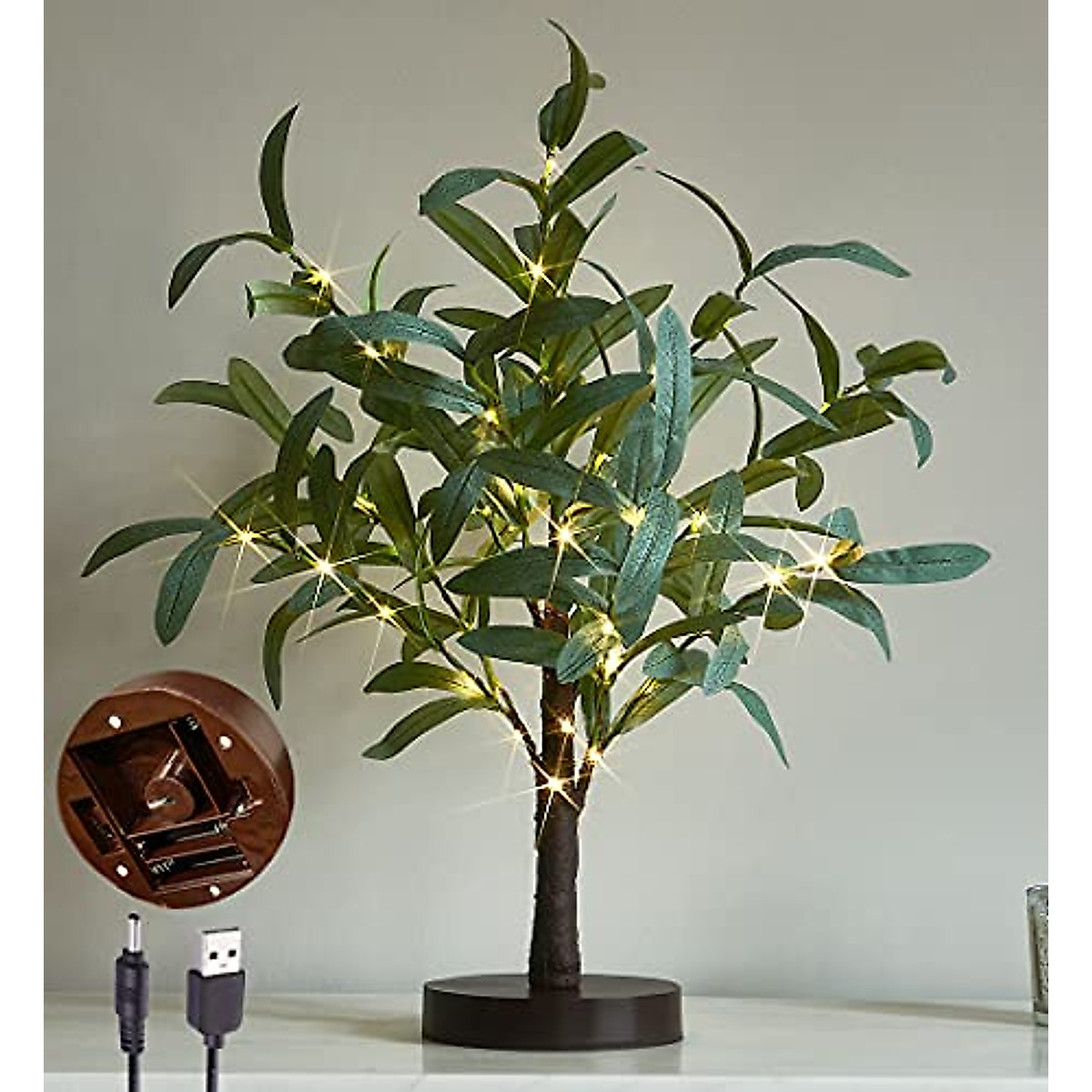 LITBLOOM Lighted Tabletop Olive Tree 18IN 50 LED Fairy Lights with Timer Battery Operated or USB Plug in Bonsai Tree for Wedding Christmas Spring Home Decoration