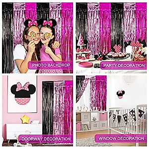 LOLStar 3 Pack Minnie Birthday Party Supplies,3.3x6.6 ft Black Pink Fuchsia Tinsel Foil Fringe Curtains,Cartoon Mouse Photo Booth Prop Streamer Backdrop,Minnie Themed Party Decoration for Girls Babies