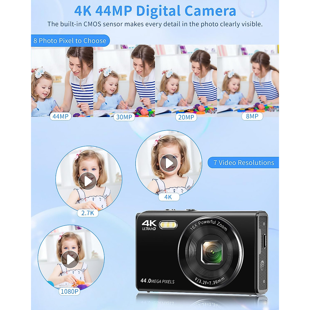 NIKICAM Digital Camera,4K 44MP Kids Digital Camera with 32GB SD Card Compact Point and Shoot Camera with 16X Digital Zoom 2.4 Inch Portable Small Camera for Kids Teens Adults-Black