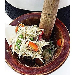 PunPund Wooden Mortar 9 Inches from Thailand Pestle Grinding Herb Garlic Papaya Salad Som Tum Thai Food Kitchen Tool 1 Set