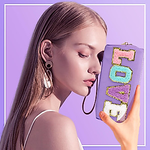 YESMET Preppy Makeup Bag, Chenille Letter Patch Cosmetic Bag, Portable Travel Makeup Organizer Bag with Wrist Strap, Nylon Waterproof Zipper Makeup Pouch Toiletry Bag for Women Girls (Purple)