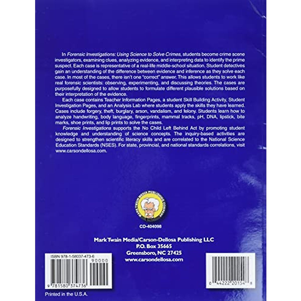 Mark Twain Forensic Investigations Workbook, Using Science to Solve High Crimes Middle School Books, Critical Thinking for Kids, DNA and Handwriting Analysis Labs, Classroom or Homeschool Curriculum