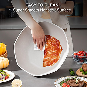 FNT Non Stick Deep Frying Pans with Lid, Octagonal Wok Pan 11 inch, Granite Saute Pan for Cooking, Skillet Induction Cookware with Heat-Resistant Handle