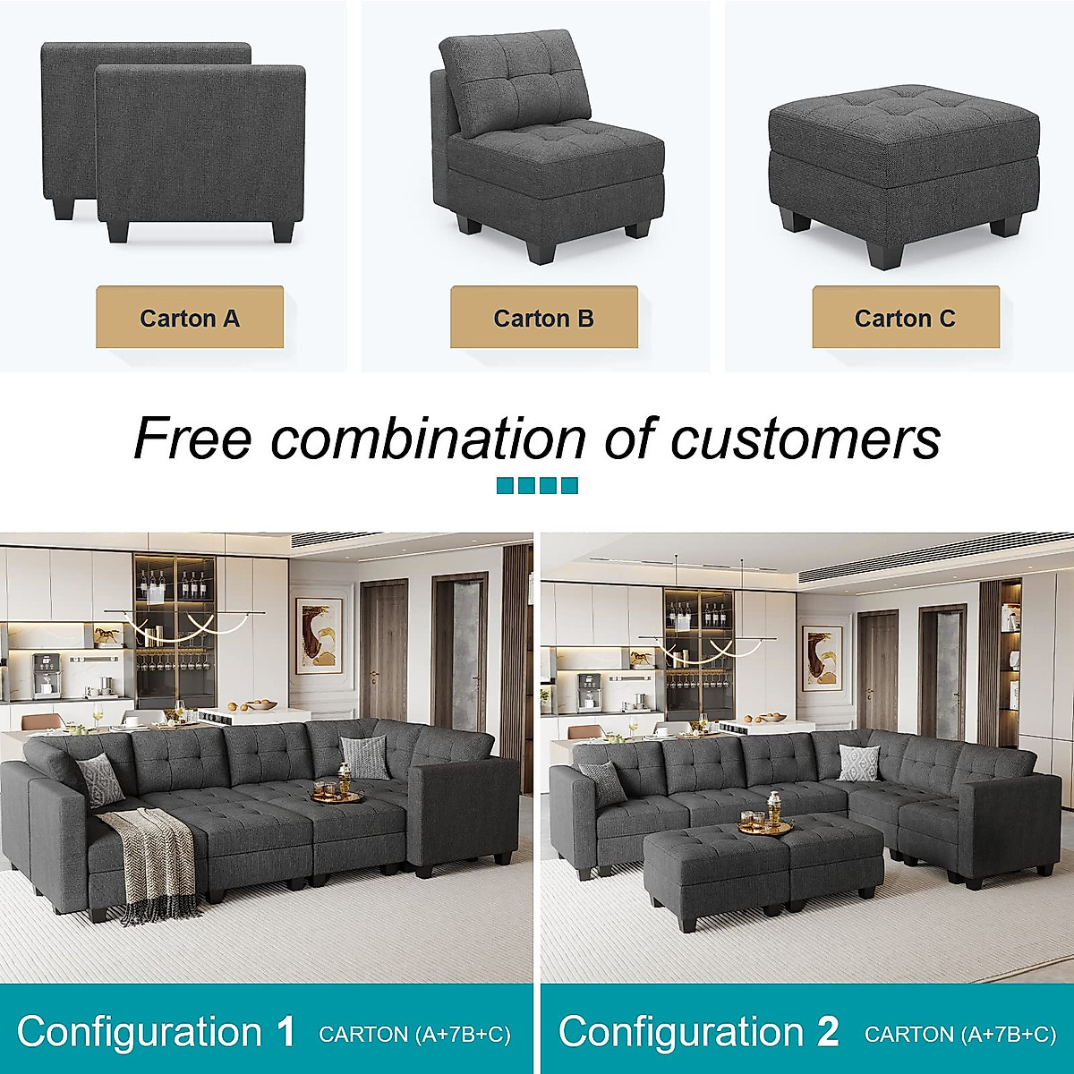 Belffin Modular Sectional Sofa Set with Ottomans Oversized U Shaped Sofa Set with Storage Seat Modular Sofa Couch with Reversible Chaises Modern Fabric Dark Grey