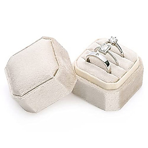 Sightor Velvet Ring Box, Octagon Velvet Jewelry Ring Box Storage 3 Slots Ring Holder Box for Proposal, Engagement, Wedding Ceremony (Beige)