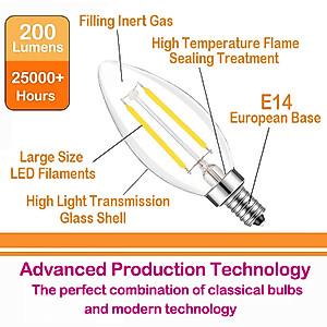 Lamsky E14 LED Filament Candle Shape Light Bulb,E14 European Base Bulb,Daylight 6000K 200LM 20W Equivalent,C35 Clear Glass Torpedo Shape Bullet Top,No-Dimmable (4-Pack)