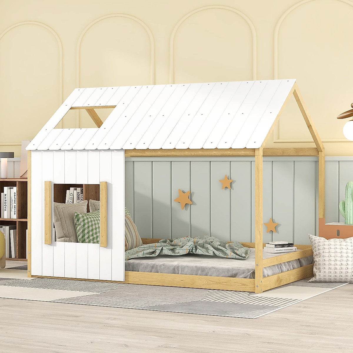 Bellemave House Bed Full Size Montessori Style Floor Bed Frame Wood Kids Cabin Beds Fun Playhouse Bed with Roof and Window for Girls Boys Teens, White with Natural