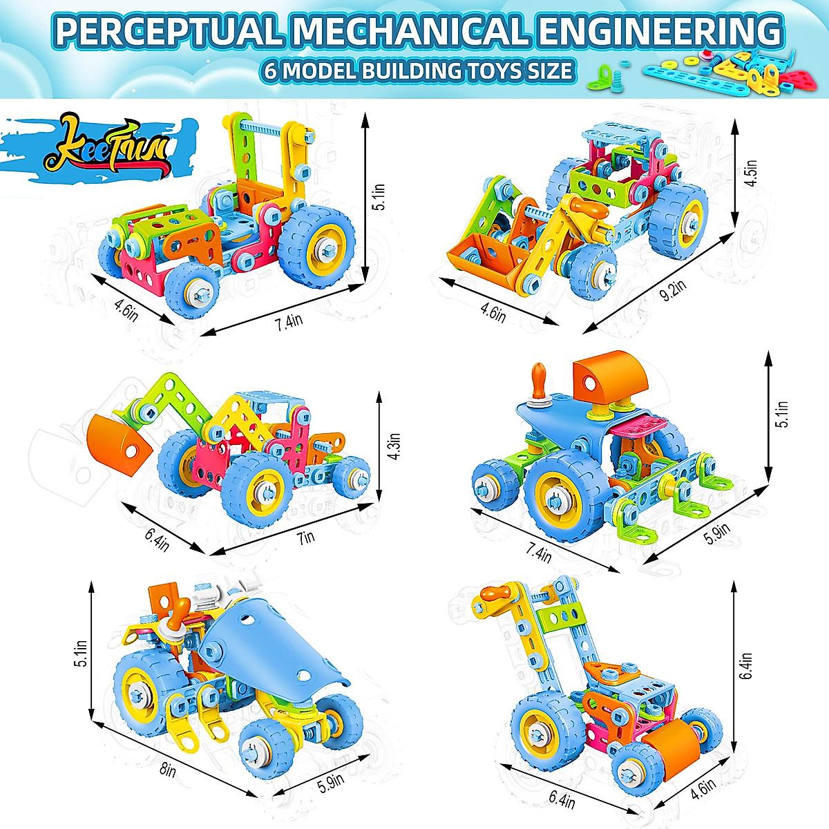 keefun Building Toys for Kids Ages 4-8, STEM Toys 6 in 1 Engineering Building Blocks Set, 118 Pieces Educational Construction Kit with Storage Box, Gifts for Kid Ages 4 5 6 7 8 Year Old Boys Girls