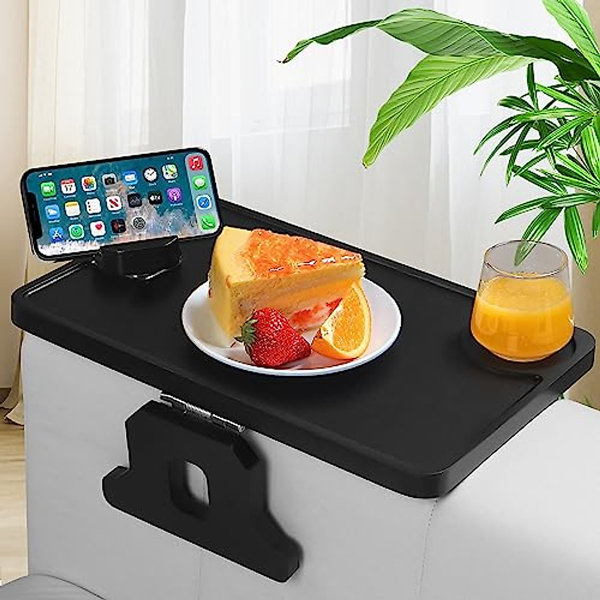 Large Size Couch Arm Tray - 15x9.8" Strong Wood Foldable Sofa Side Clip Tray with 360° Rotating Phone Holder, Armrest Tray for Eat, Drink, Cup, Snack, Remote Control, No Installation Required