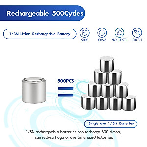 Fitinoch Rechargeable 1/3N Lithium Battery with Charger, CR 1/3N Battery Can Replace 3v DL1/3N CR1/3N Disposable Batteries, 3.7v 45mAh CR-1/3N Battery (8 Pack)