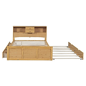 HoRunzelin Full Size Pltaform Bed with Storage Drawers,Twin Trundle,Bookshelf Headboard,Charging Station,Solid Wood Captains Bed with Shelves for Kids Boys Girls Teens, Natural