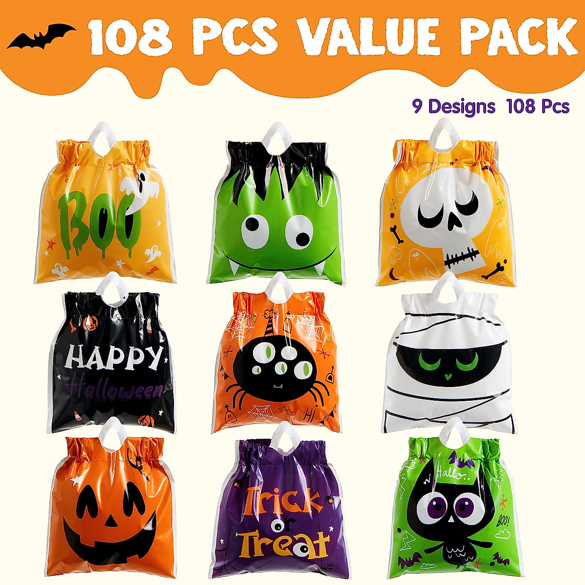 JOYIN 108 Pcs Halloween Drawstring Treat Bags with 9 Character Designs, Mini Halloween Goodie Gift Bags, Trick or Treat Candy Bags for Halloween Party Favor