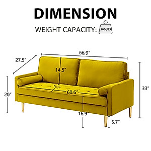 SZLIZCCC 67" LoveSeat Sofa, Love Seat Couch, Mid Century Modern Couchs Velvet Fabric Pull Dot Design Sofas with Two Round Pillows for Small Spaces, Living Room, Dorm, Bedroom, Apartment (67 Yellow)