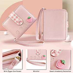 Sunwel Fashion Strawberry Wallet Card Holder Small Cute Wallet Zipper Coin Pocket Wallet for Women Girls (PINK)