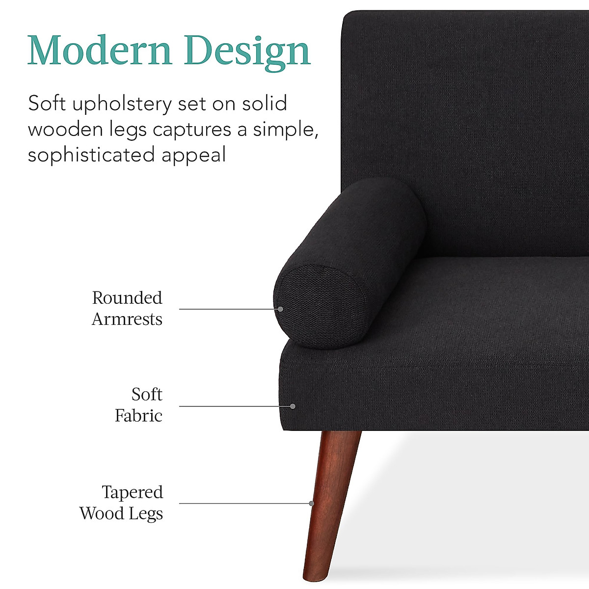 Best Choice Products Mid-Century Modern Upholstered Futon, Convertible Folding Sofa Bed, Small Couch w/Rounded Armrests, 2 Cupholders - Black