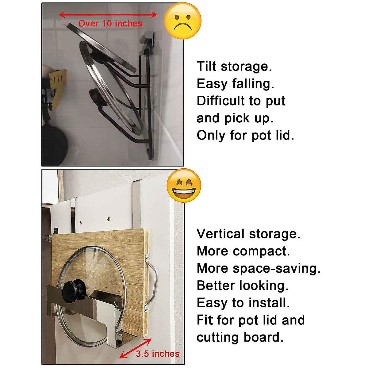 OeckuXIY 2 Pack, Pan and Pot Lid Organizer, Cabinet Door or Wall Mount Cutting Board Holder, Bakeware Tray Rack, No Drill, Mirror Polished