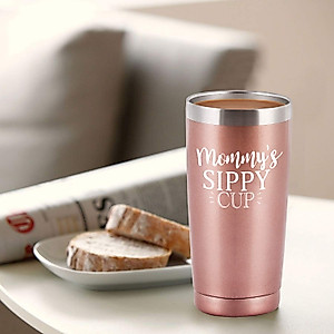 GINGPROUS Mommy's Sippy Cup Travel Tumbler Mom Birthday Christmas Gifts for Mom New Mom Mothers to be Wife Women Her Mother's Day Thanksgiving Day, 20 Oz Insulated Stainless Steel Tumbler, Rose Gold