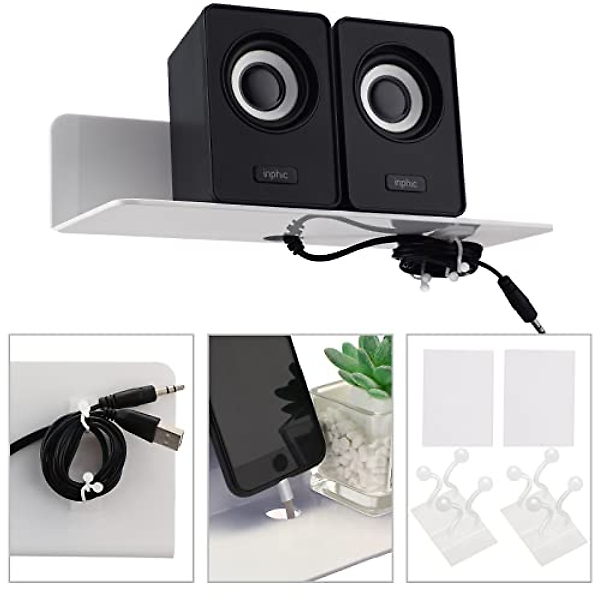 Yulejo 9 Inch Floating Shelves Acrylic Wall Mounted Shelf Acrylic Display Shelf Self-Adhesive Wall Shelves for Bedroom, Gaming Room, Living Room, Bathroom, Office with Cable Clips (White,8 Pieces)